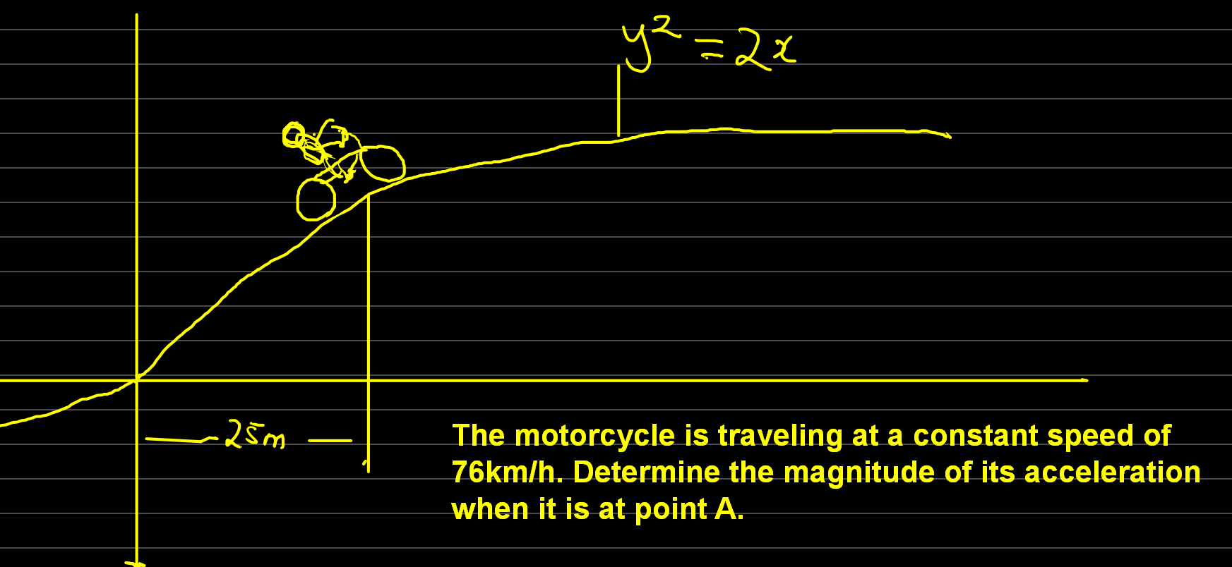 The motorcycle is traveling at a constant speed of 76km/h.