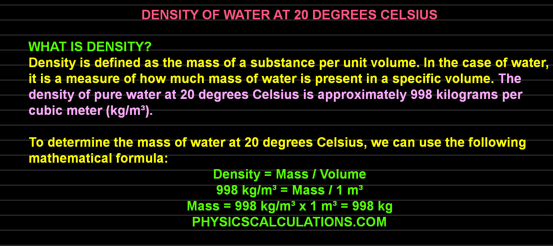 Density of Water at 20 C (20 Degrees Celsius)