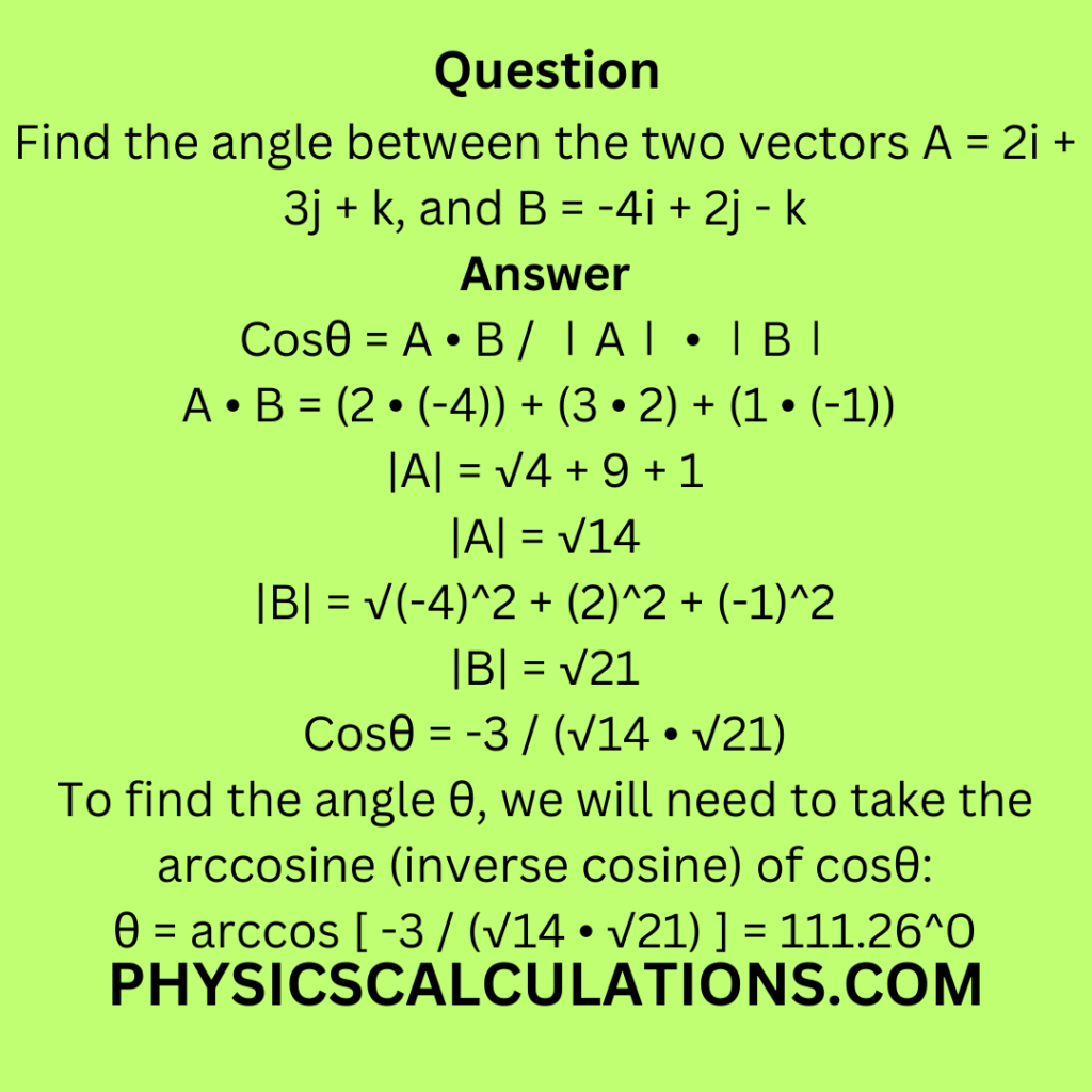 Find the angle between the two vectors A = 2i + 3j + k, and B = -4i ...